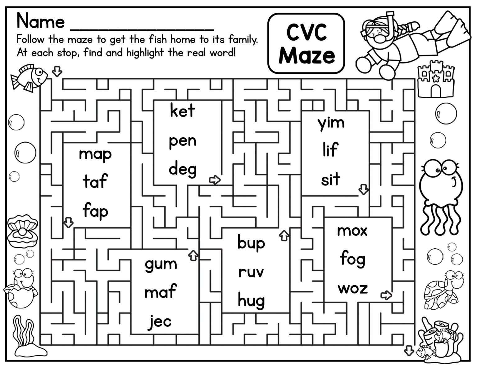 Nonsense Word Fluency Practice Mazes CVC Digraphs Blends - Tejeda's Tots
